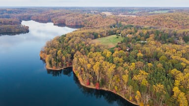 Vista aérea de um lago rodeado por árvores com cores de outono e uma cidade ao longe.