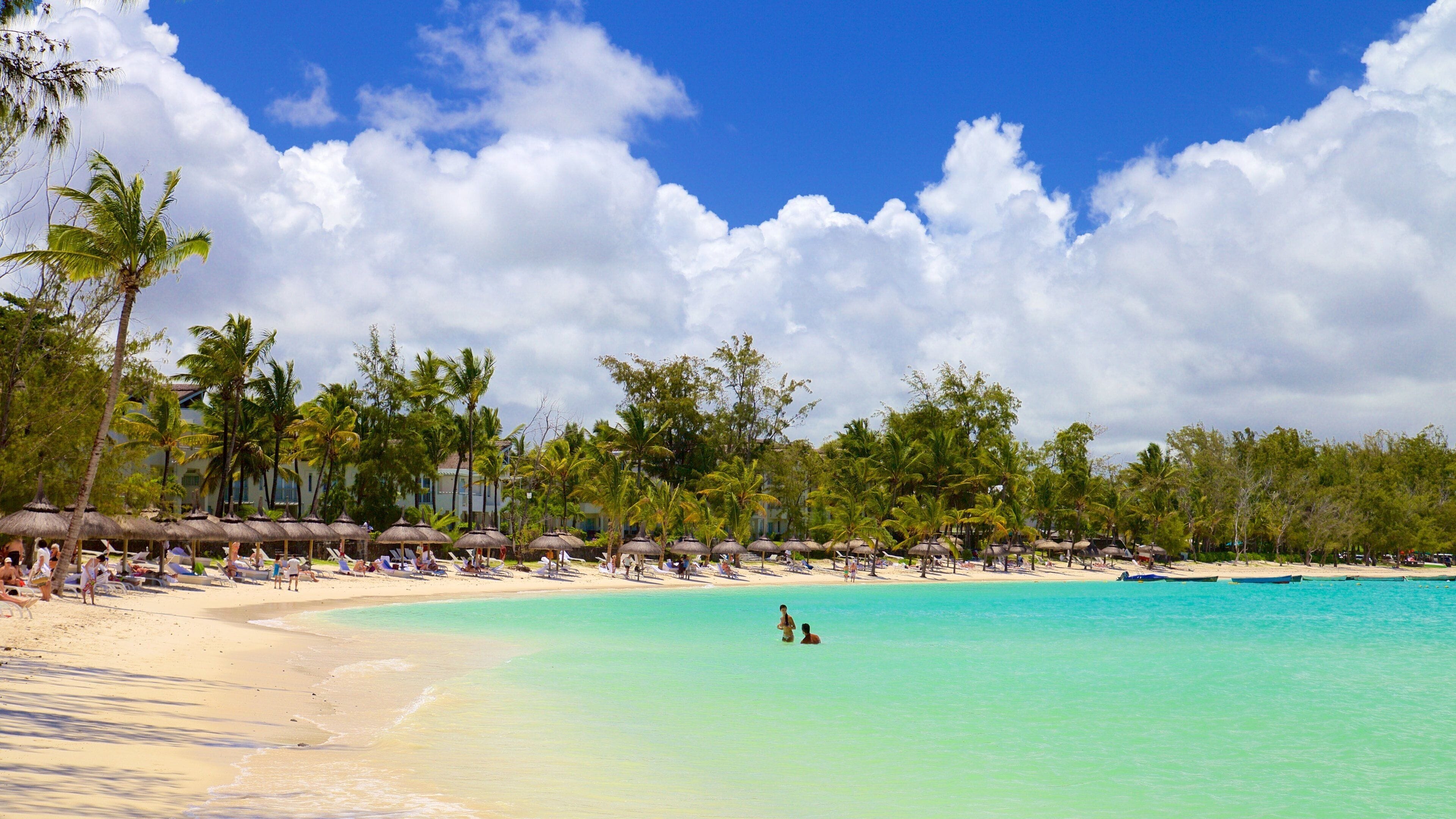 Uma praia tropical com águas turquesa cristalinas, palmeiras e guarda-sóis de praia.