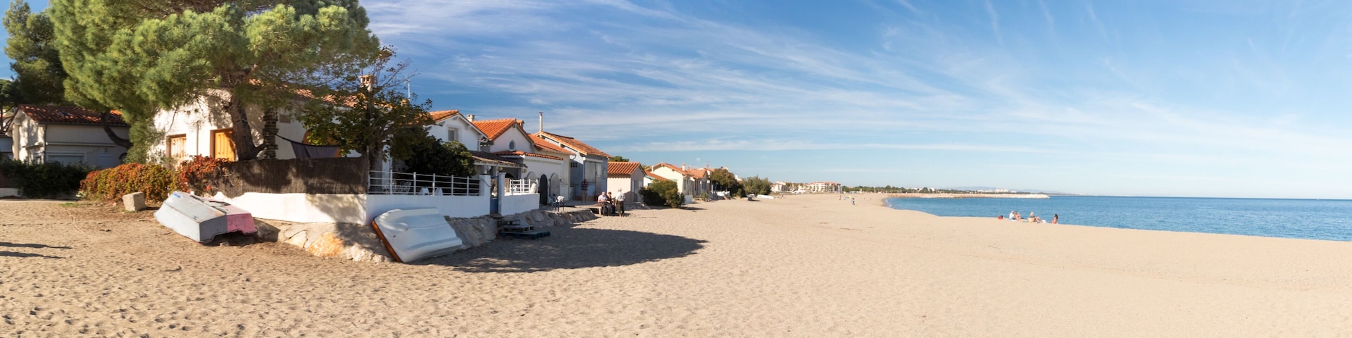 Uma praia arenosa com uma fileira de casas e uma grande árvore.