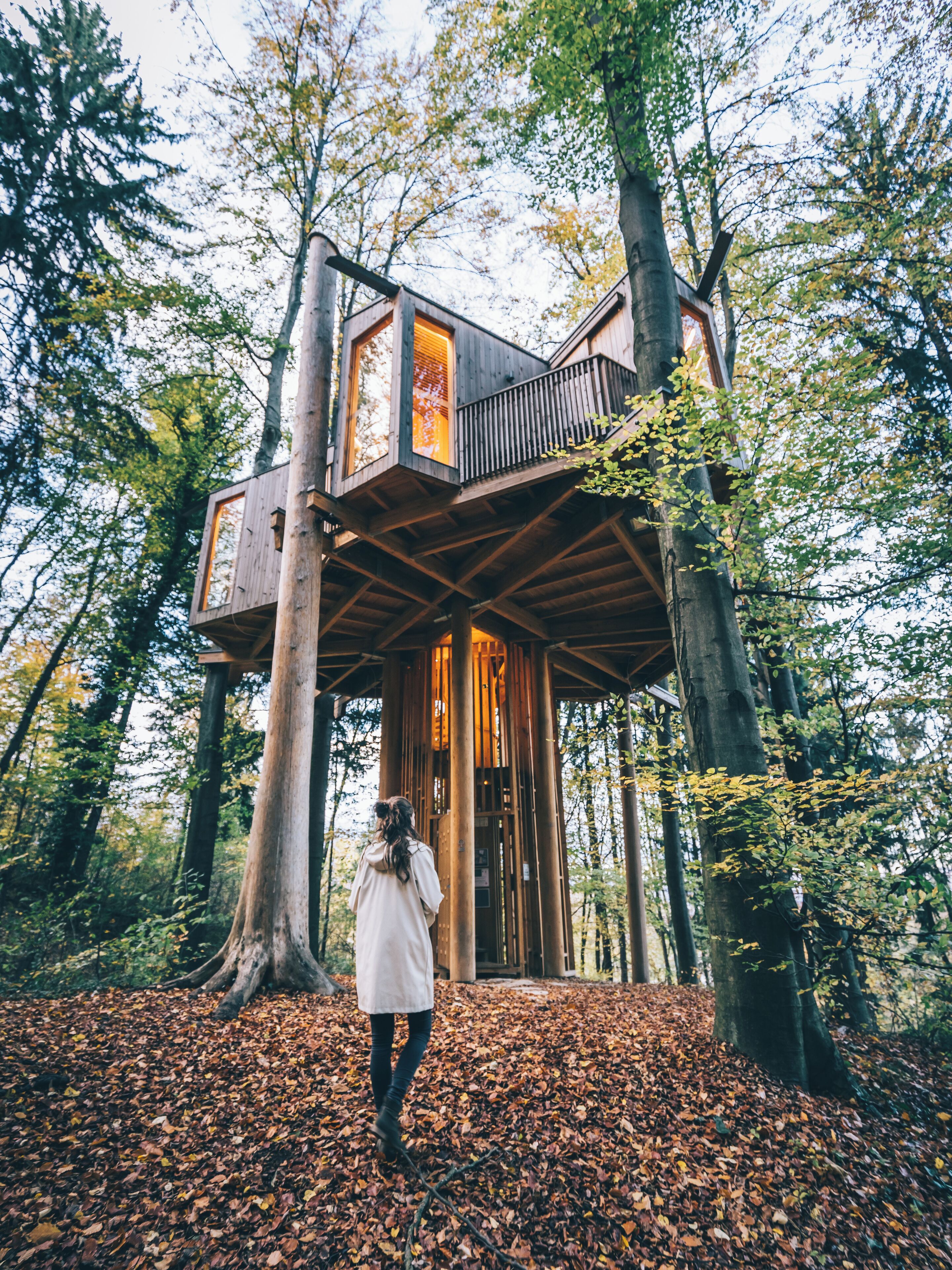 Uma cabana na árvore em meio a uma floresta, com uma mulher em frente.