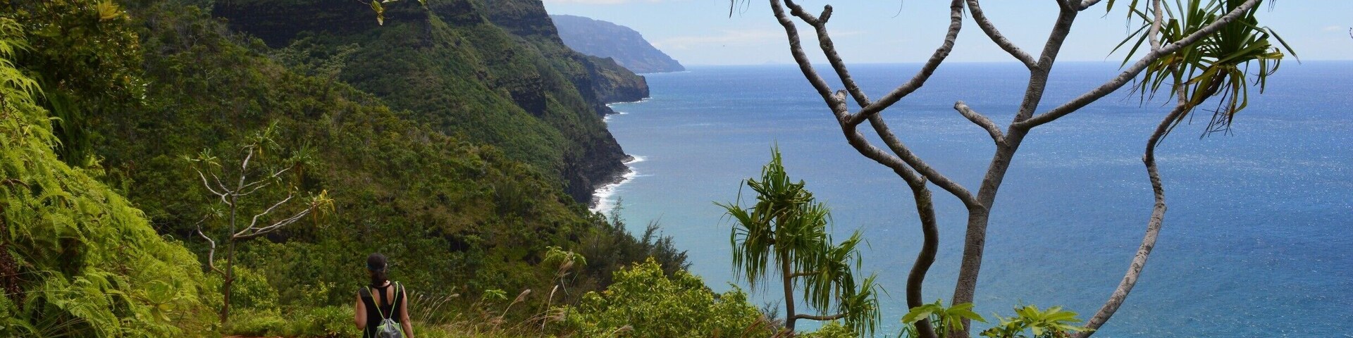 Um caminhante em uma trilha de terra com vista para o oceano e uma paisagem montanhosa.