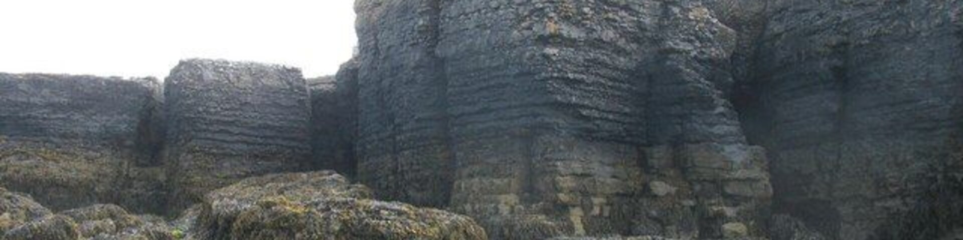 Paisagem costeira rochosa com formações rochosas estratificadas e rochas cobertas de algas.