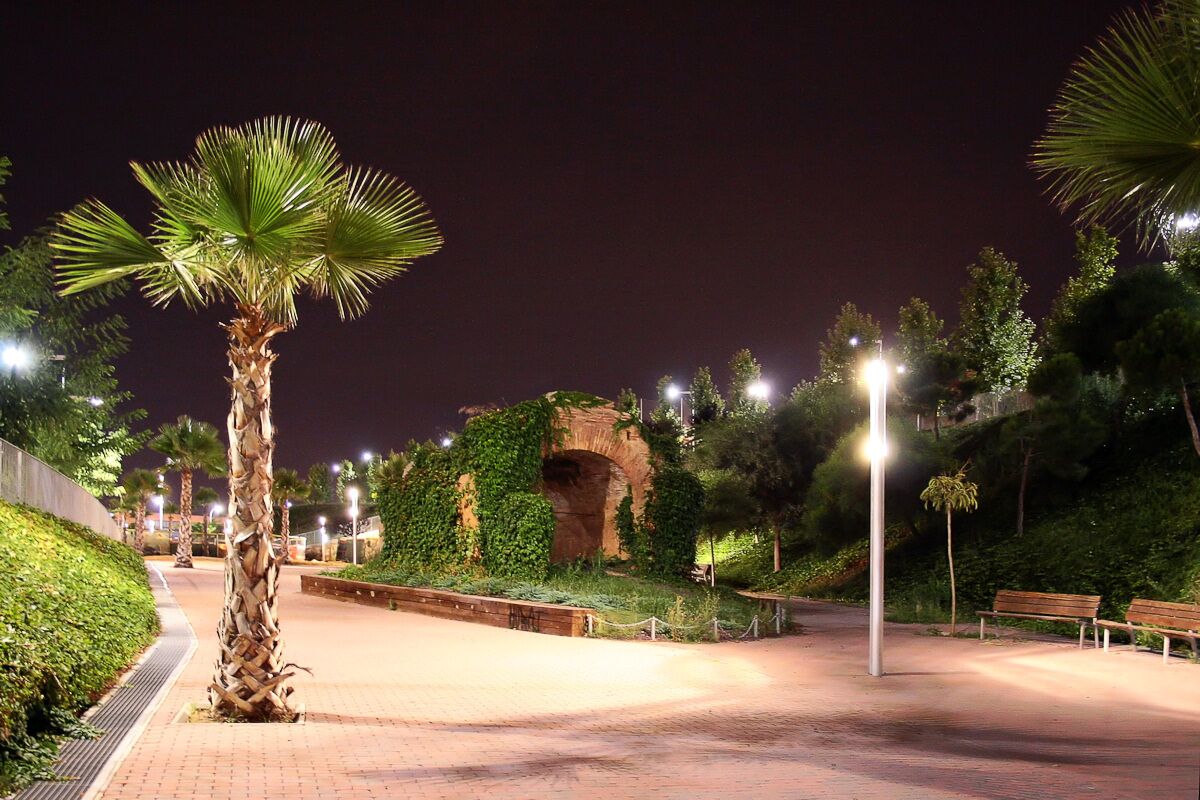 Parque à noite, com palmeira, bancos e formação rochosa.