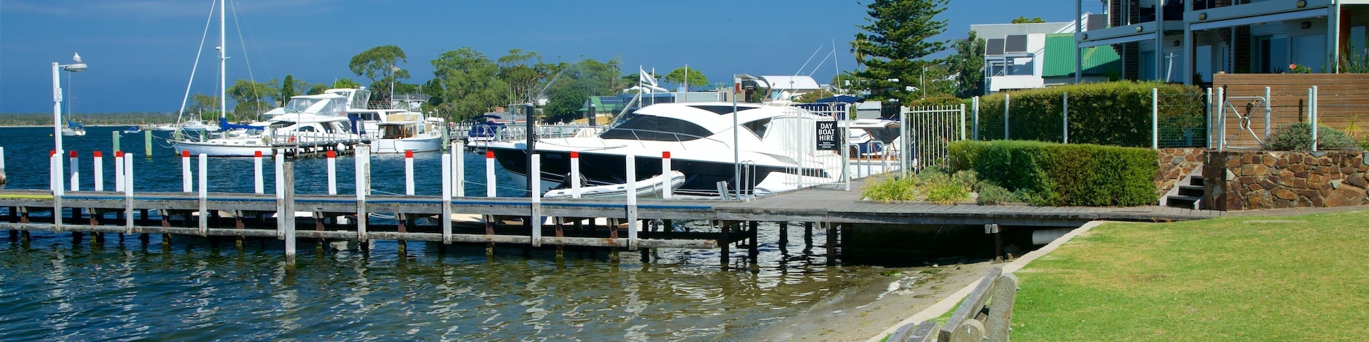 Metung showing a marina, a bay or harbor and a coastal town