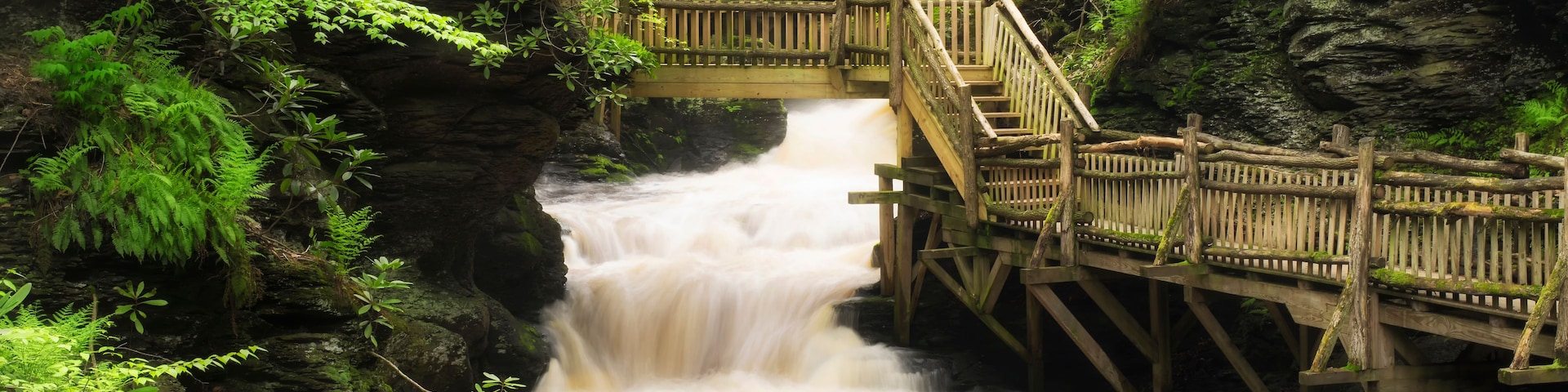 Uma ponte de madeira sobre uma cachoeira caudalosa, cercada por vegetação exuberante.
