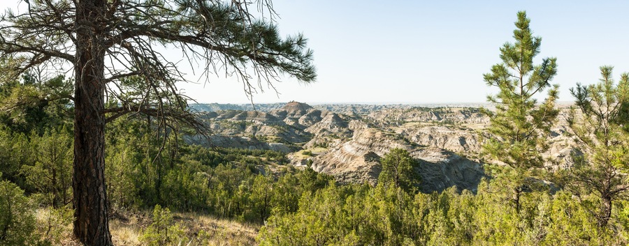 Paisagem montanhosa com florestas densas e terreno acidentado.