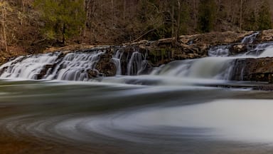 Uma cascata caindo sobre rochas em uma área arborizada.