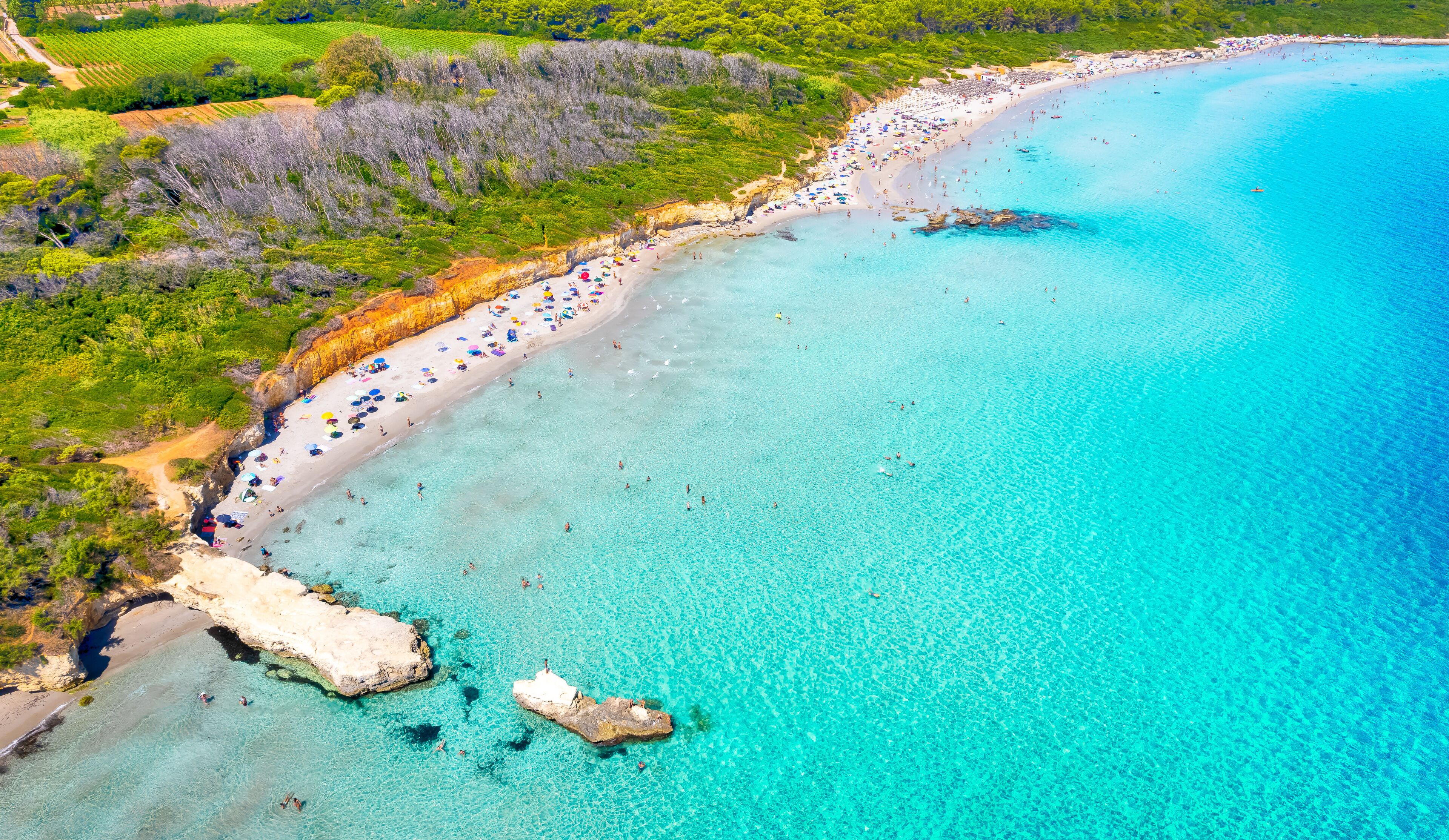 Vista aérea de uma área costeira com praia, águas turquesa cristalinas, afloramentos rochosos e vegetação exuberante.