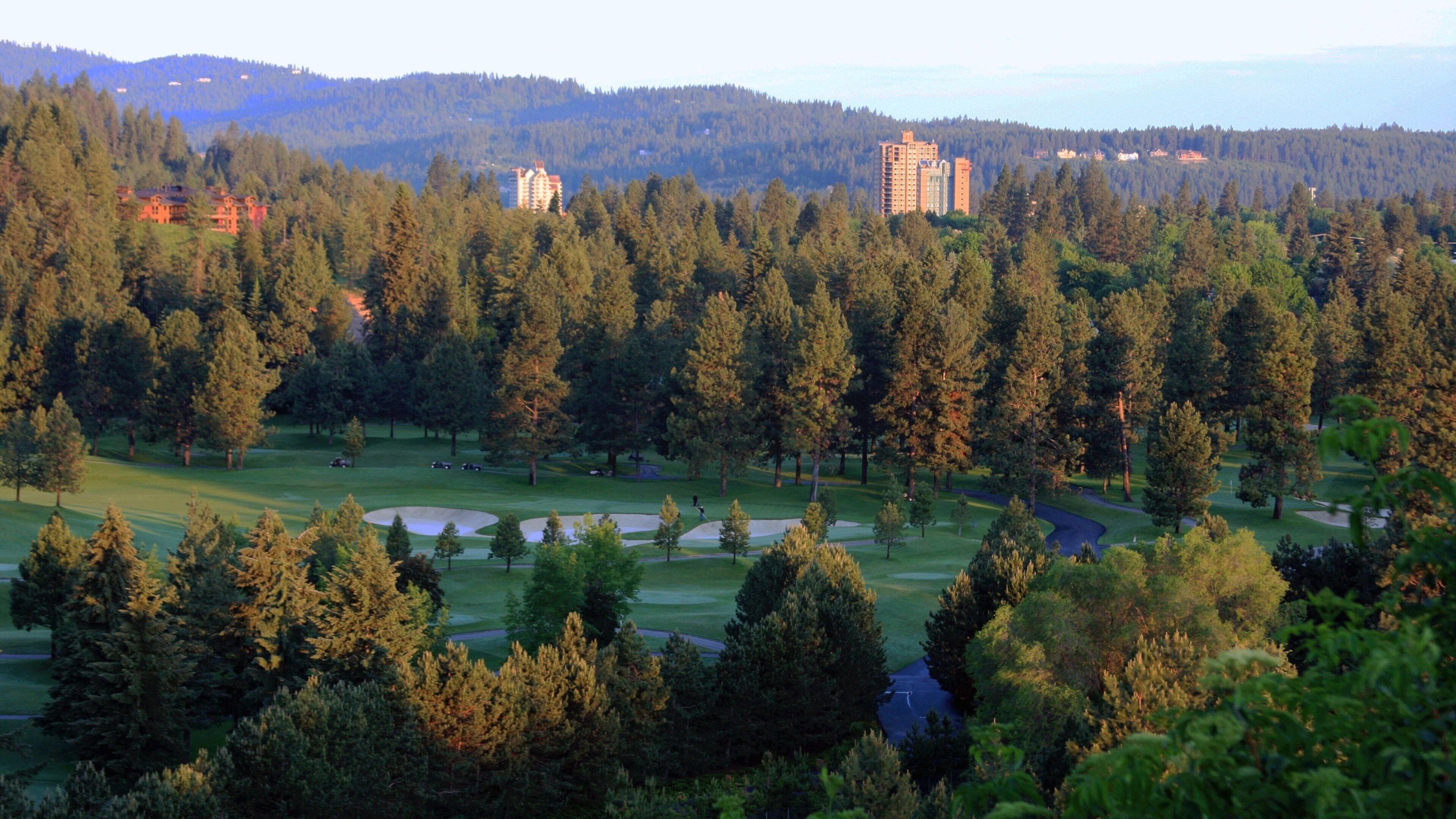 Um campo de golfe rodeado por florestas densas e colinas.