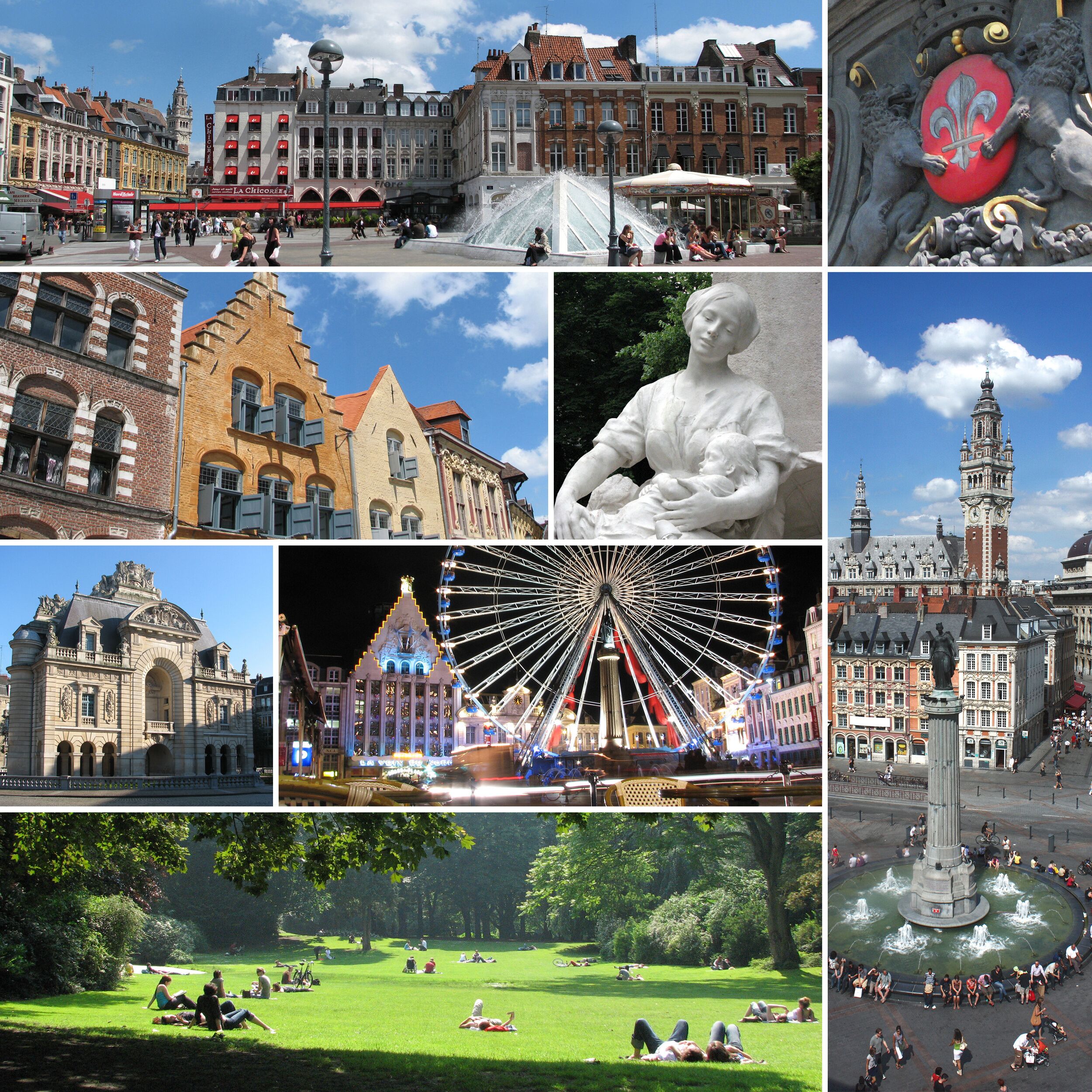 Uma colagem de arquitetura europeia, incluindo uma estátua, um edifício histórico, uma roda-gigante e um parque com pessoas.