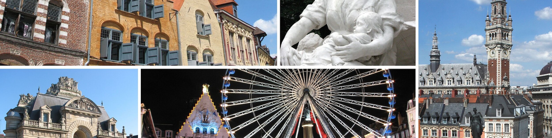 Uma colagem de arquitetura europeia, incluindo uma estátua, um edifício histórico, uma roda-gigante e um parque com pessoas.