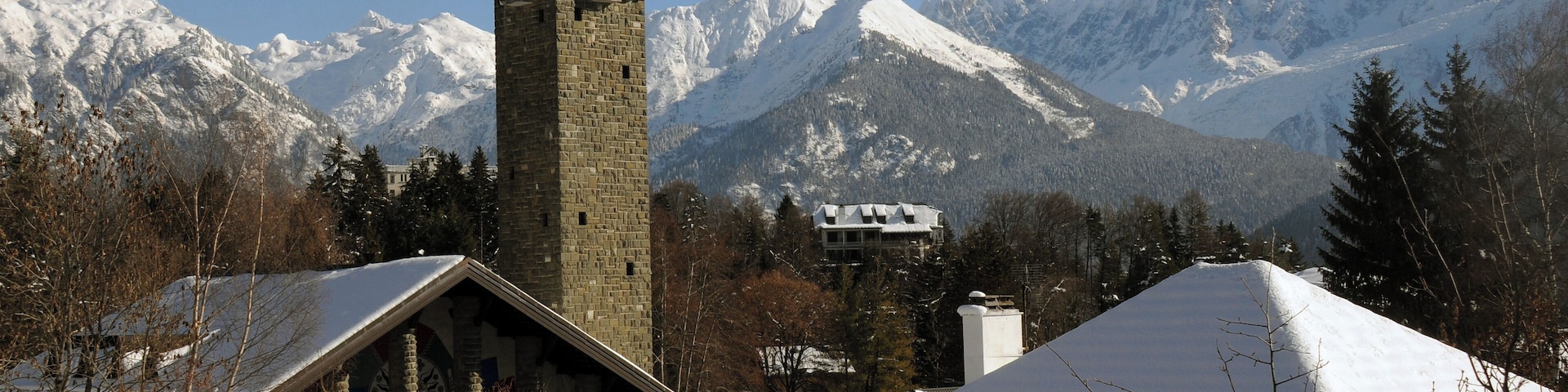 The famous church of Plateau d'Assy and the Mont Blanc chain
