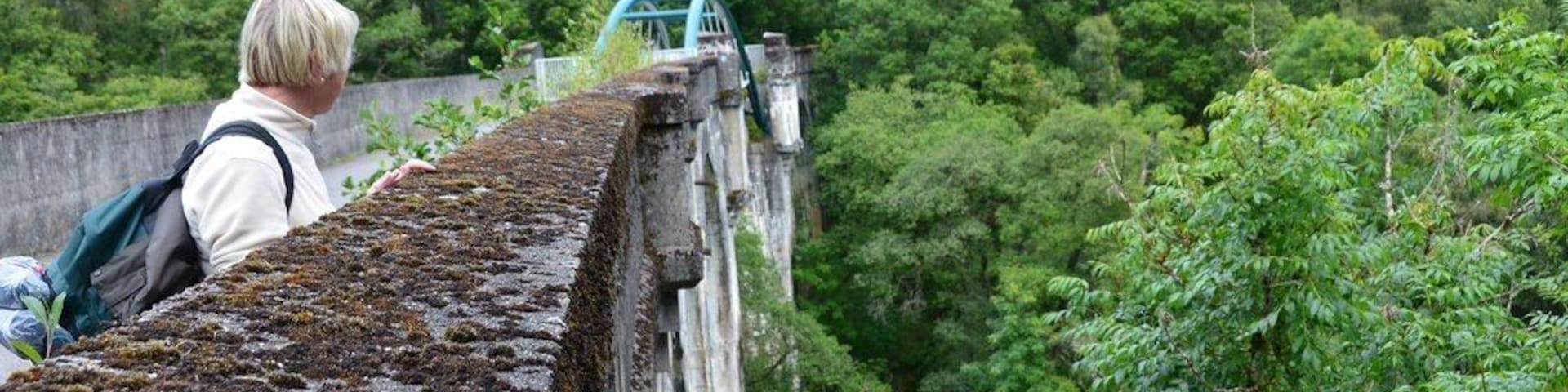 Uma pessoa em uma ponte de pedra coberta de musgo, com um vale florestado ao fundo.