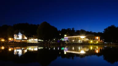 Cena noturna à beira do lago com edifícios e árvores iluminados refletindo na água.