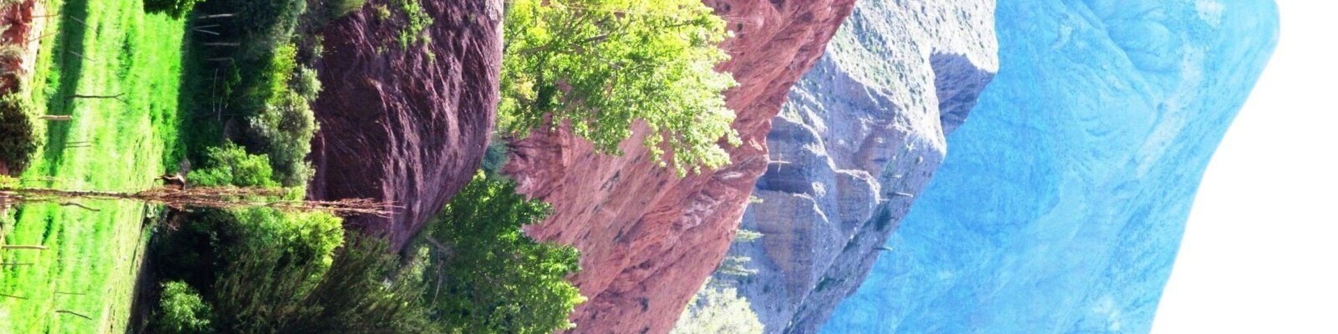 Um cânion com campos verdes e falésias de rocha avermelhada.