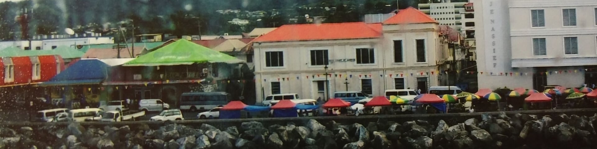Rainy day on Dominica, but it was still fun.  I liked the colorful roofs and building colors.