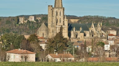 Uma igreja histórica com uma torre alta, cercada por edifícios residenciais e uma paisagem acidentada.