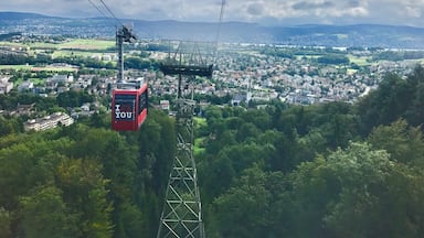 Um teleférico vermelho com o texto 'I ♥ YOU', suspenso por cabos, com vista para uma cidade com edifícios e vegetação.