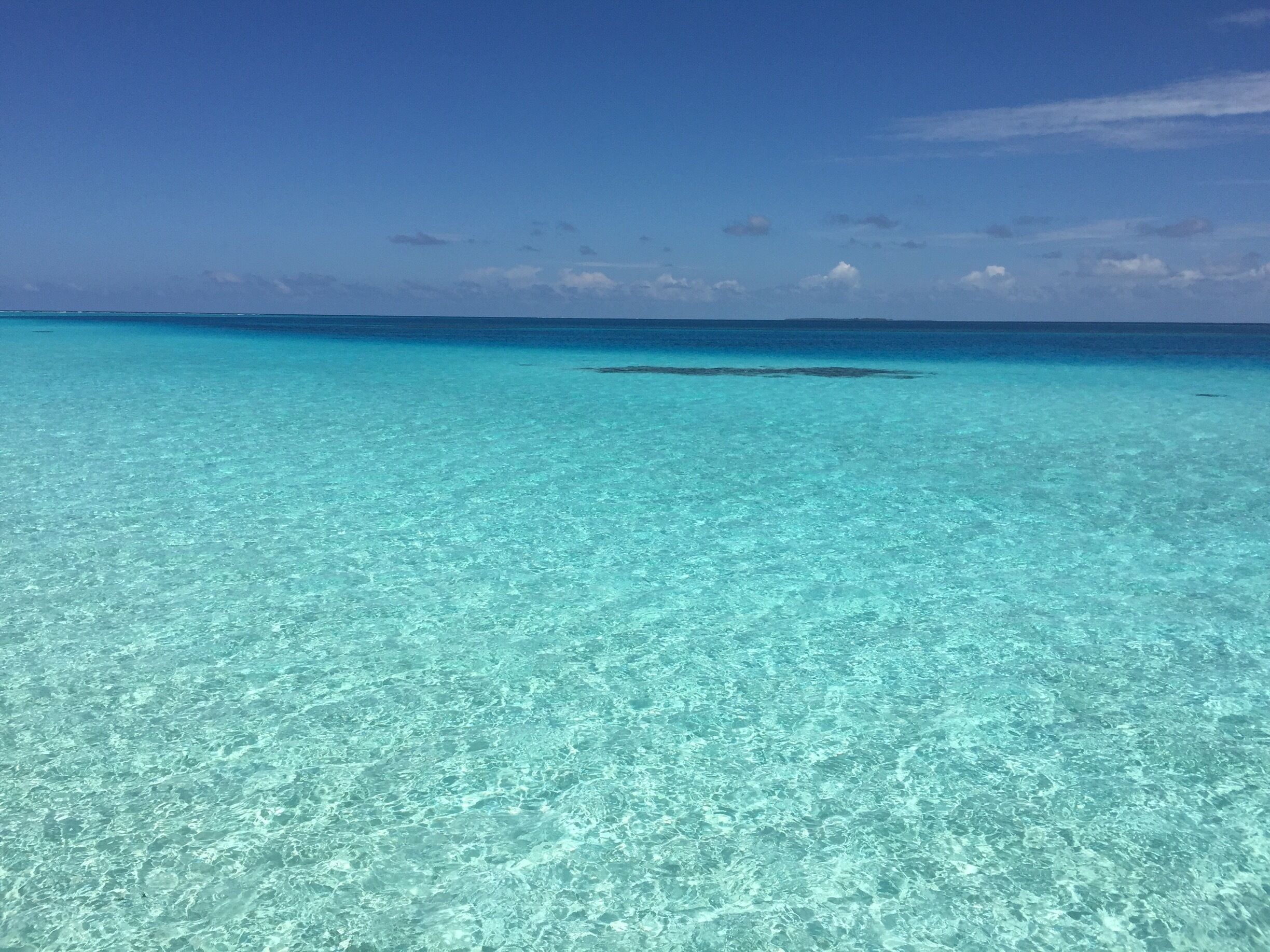 Mar azul-turquesa transparente com fundo de areia e horizonte distante.