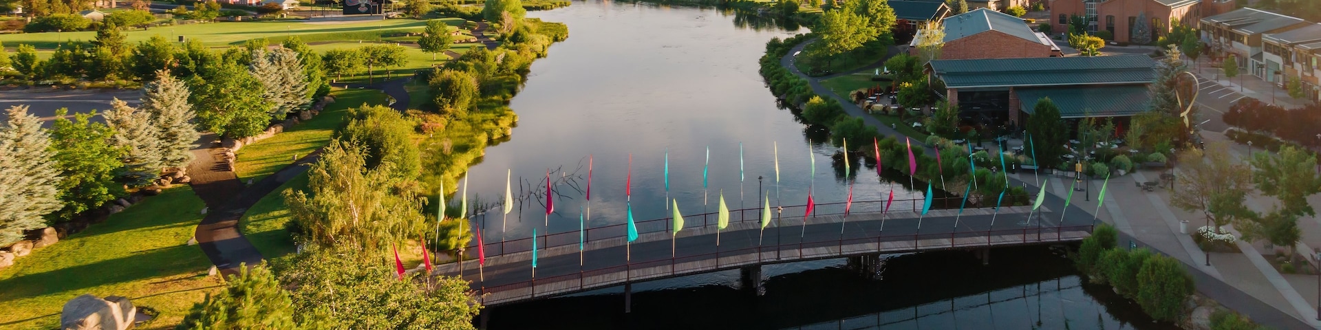 Um rio com uma ponte, vegetação e um edifício industrial ao longe.