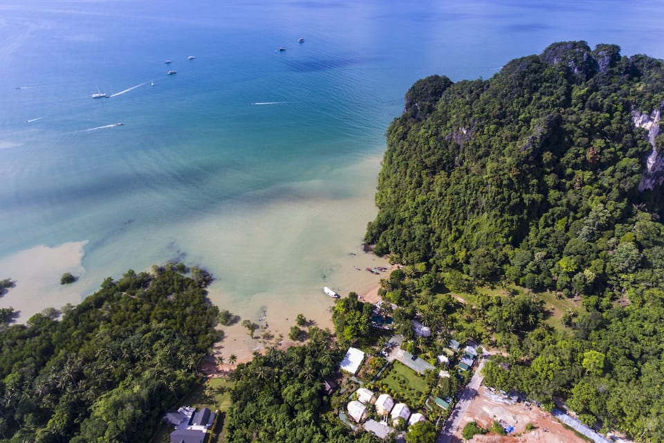 Uma área costeira com praia, barcos e floresta densa.