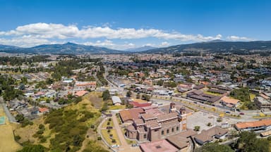 Uma cidade com uma igreja imponente, mistura de edifícios residenciais e comerciais, e montanhas ao fundo.