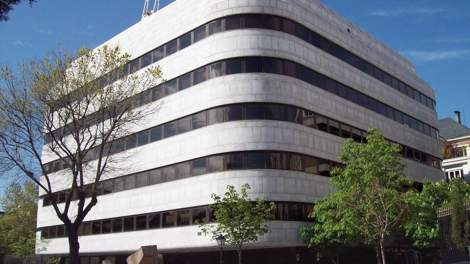 Headquarters of Juan March Foundation, at 77 Calle de Castelló (street) in Salamanca district in Madrid (Spain). Building was projected in 1971 by José Luis Picardo Castellón and built from 1972 to 1975.