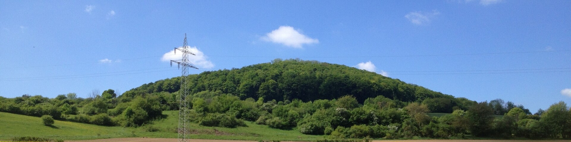 Der Eco Pfad Archäologie Naumburg und der Habichtswaldsteig südlich von Ippinghausen auf einem Wiesenweg mit Blick auf den Weidelsberg, auf welchem die Weidelsburg steht