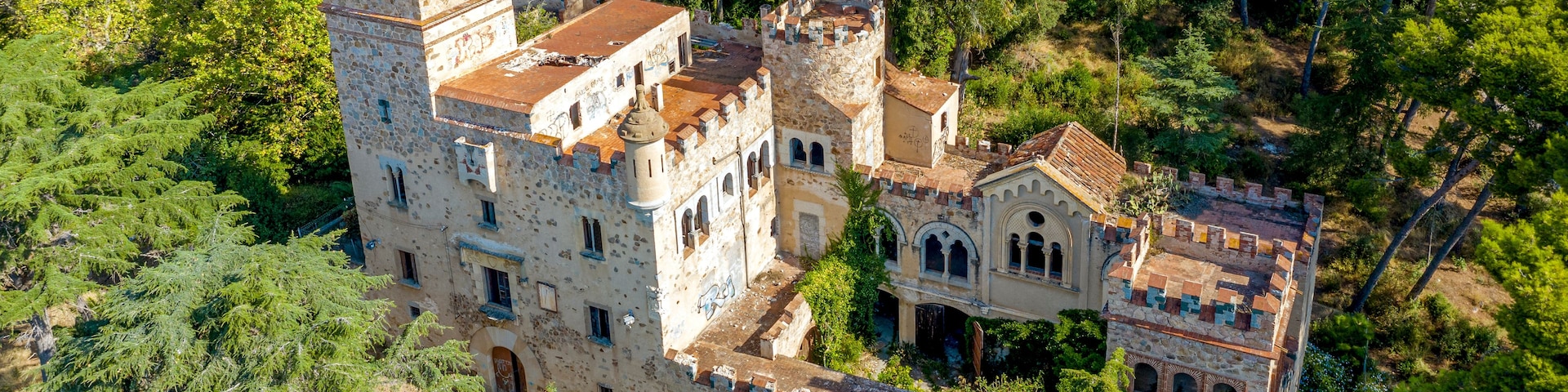 Um castelo rodeado por uma floresta densa.