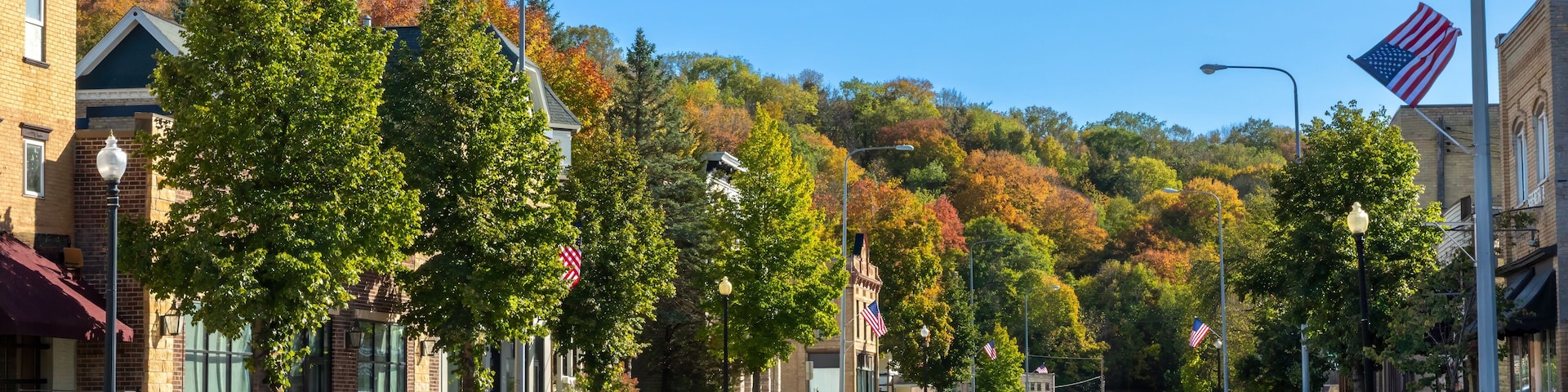 Rua arborizada com bandeiras americanas, edifícios e folhagem de outono.