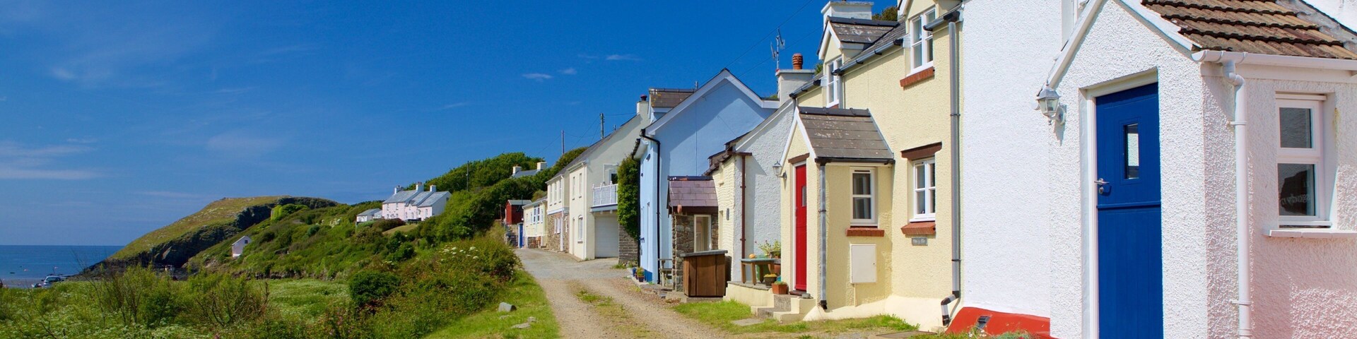 Parque Nacional Pembrokeshire Coast que inclui uma cidade litorânea e cenas de rua
