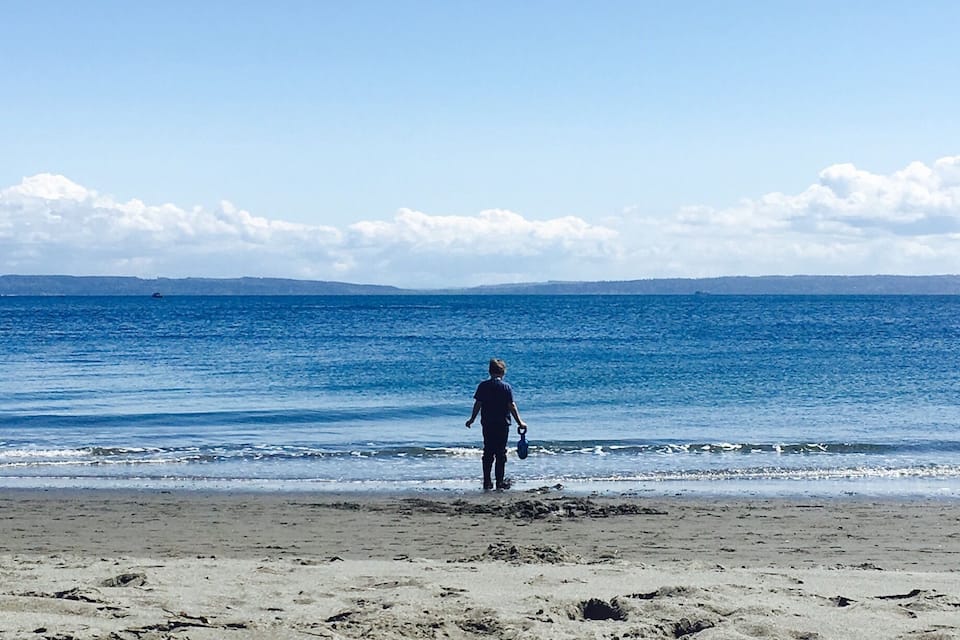 Uma praia com uma pessoa caminhando em direção ao oceano, segurando um objeto azul.
