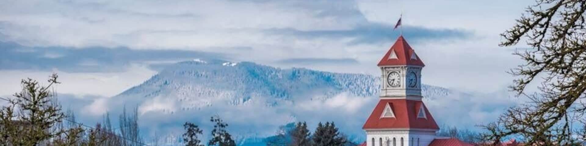 “A wintry day in Corvallis.”    
The Benton county courthouse (1888) is the oldest courthouse in Oregon being used for its original purpose.   
In the background is Marys Peak (4001 ft), the tallest mountain in Oregon’s Coastal range.
(Photo is being featured on the oregon.gov webpage, June 2018).