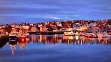 Um porto ao entardecer com barcos atracados e edifícios ao fundo.