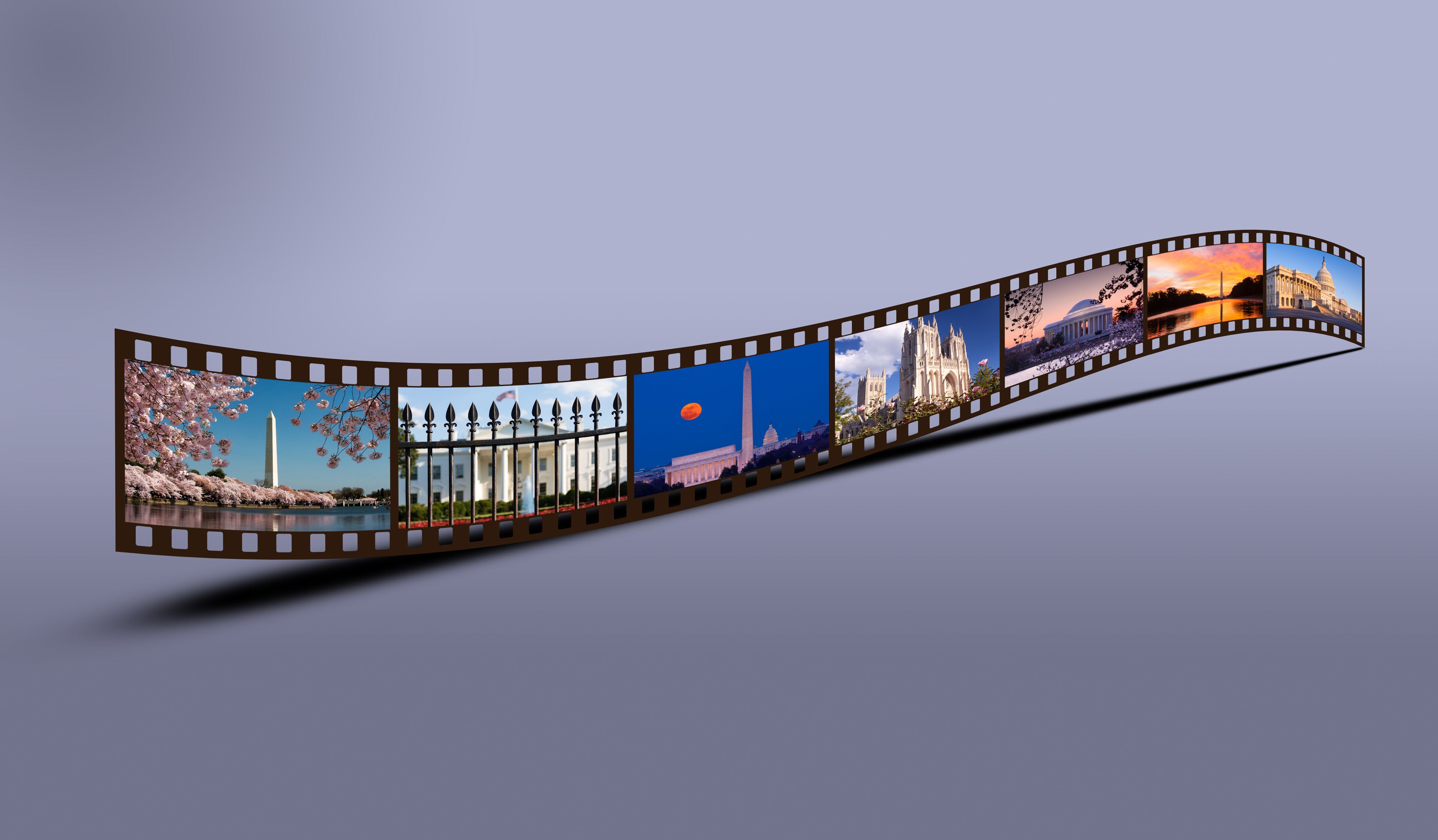 Uma fita de filme com vários pontos turísticos, incluindo uma cerejeira, um edifício branco com uma bandeira, uma lua e um edifício com cúpula.