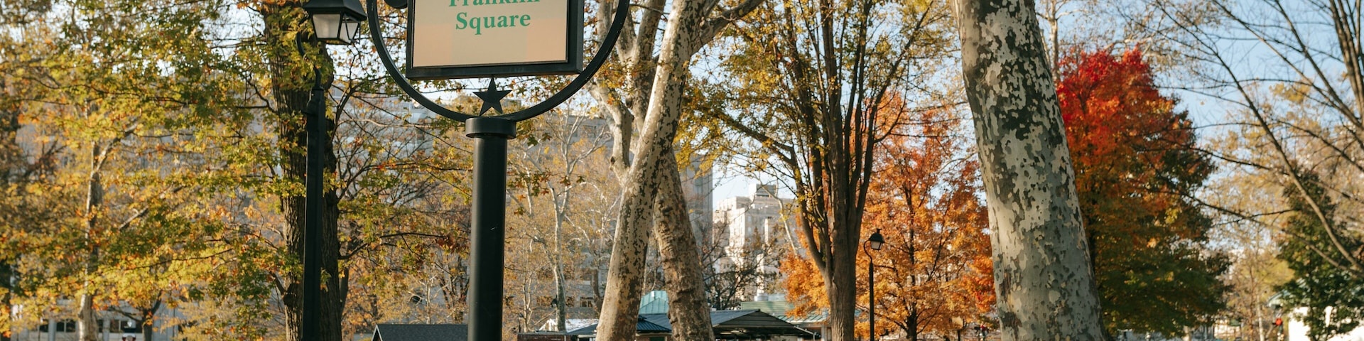 Center City showing signage, fall colors and a garden