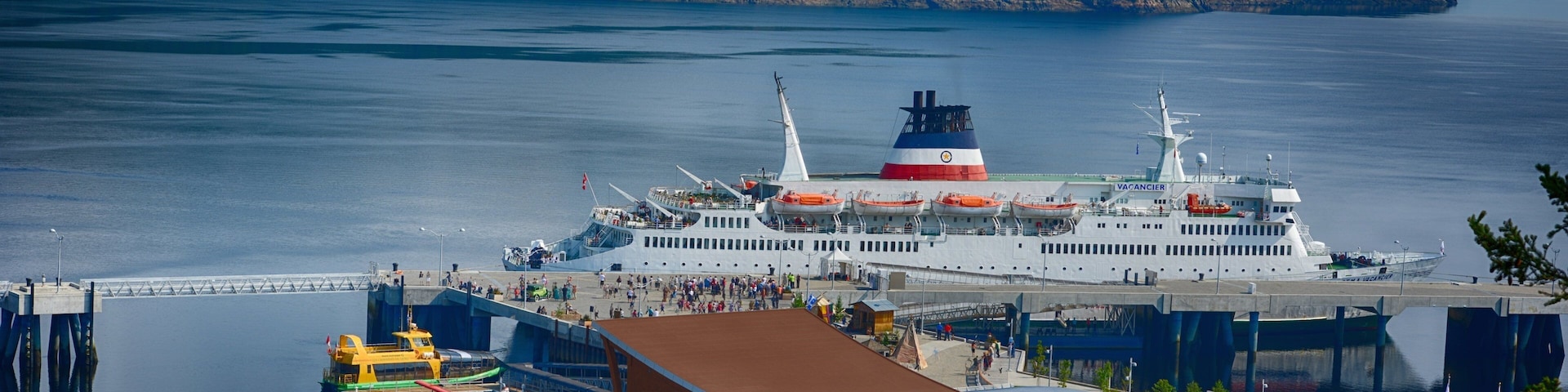 Terminal de ferry com um grande ferry atracado, cercado por uma paisagem arborizada e uma ponte.