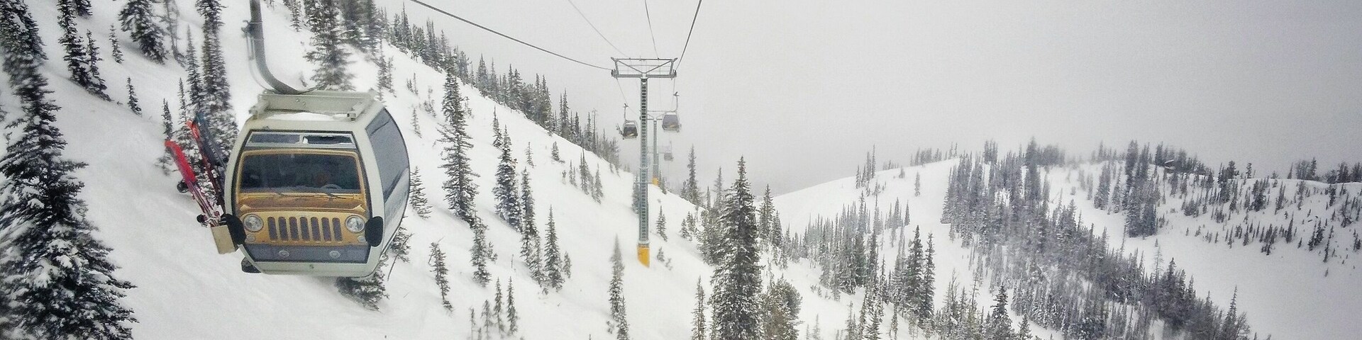 Teleférico subindo uma encosta nevada de montanha, com densa floresta de coníferas.