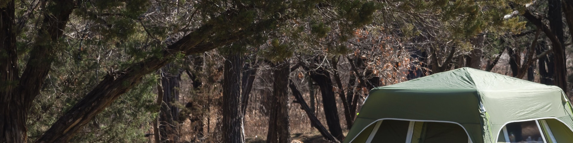 Um camping com uma tenda, duas cadeiras e uma área arborizada.