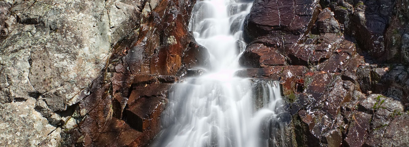Uma cascata desce por um penhasco rochoso, rodeada por árvores.