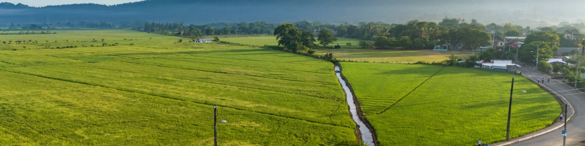 Paisagem rural com estrada sinuosa, campos verdes e uma colina ao fundo.