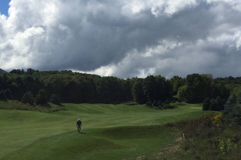 Um campo de golfe com uma pessoa caminhando no green, rodeado por árvores e sob um céu nublado.
