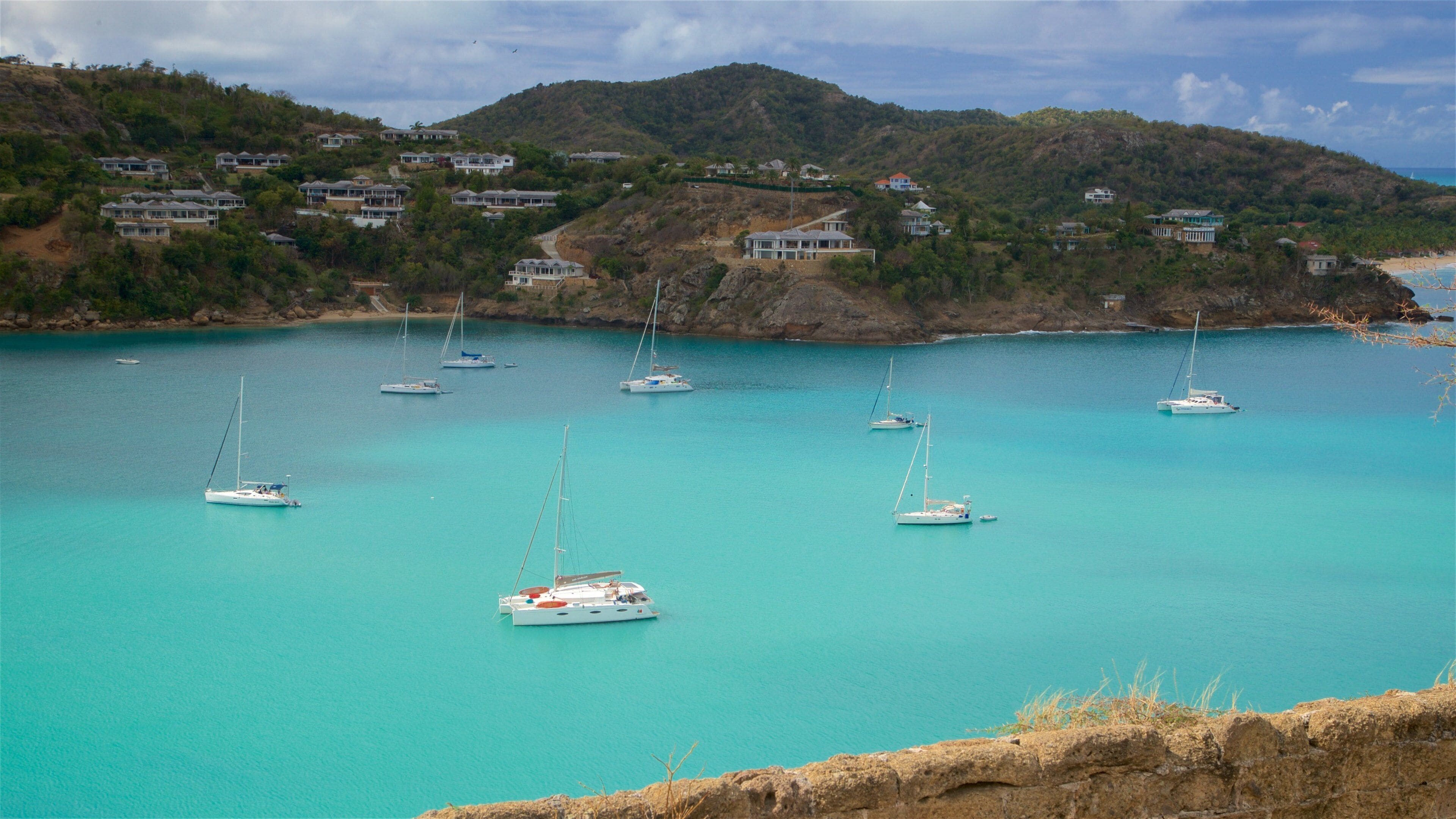 Fort Barrington showing a bay or harbor and a coastal town