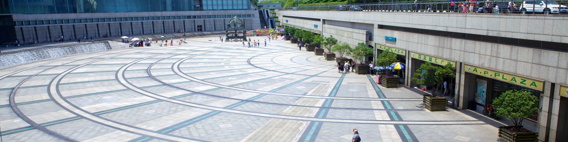 Shanghai Science and Technology Museum showing modern architecture, a city and a square or plaza