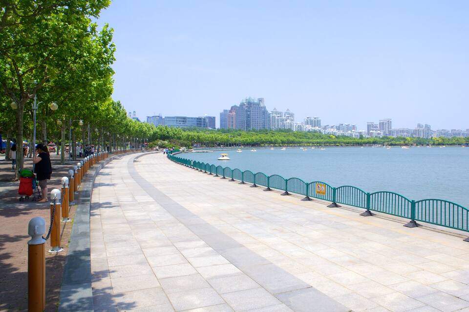 Uma passarela à beira do rio com guarda-corpo verde, árvores e um horizonte urbano ao fundo.