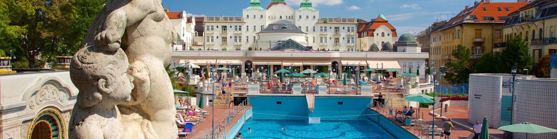 Gellert Thermal Baths and Swimming Pool showing a statue or sculpture, a pool and a luxury hotel or resort