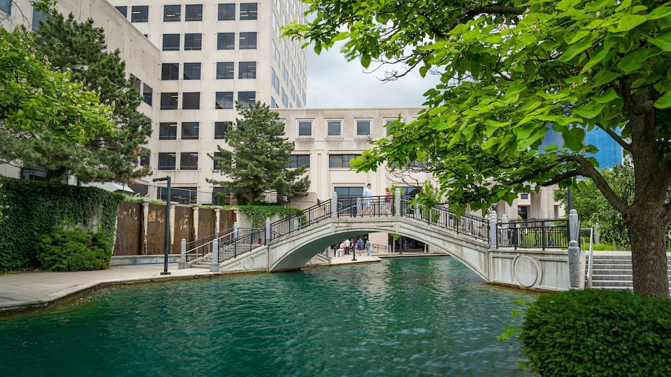 White River State Park showing a river or creek and a bridge