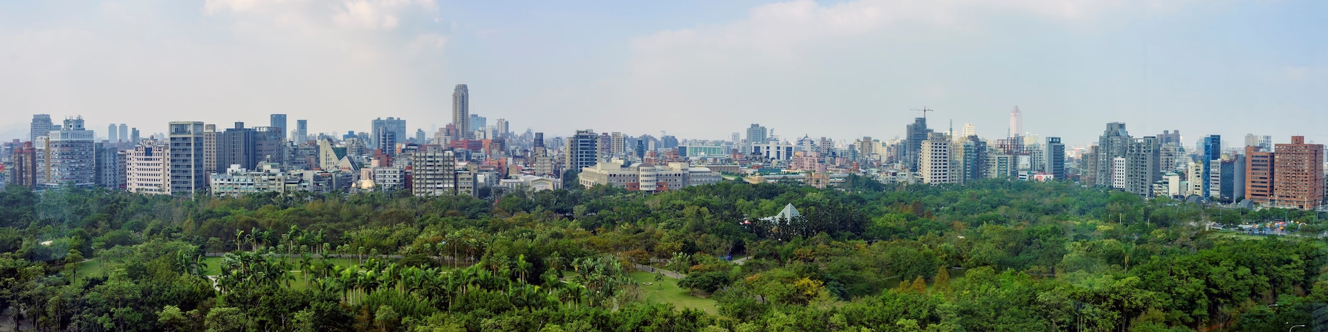 Linha do horizonte da cidade com edifícios urbanos densos e um parque verdejante em primeiro plano.