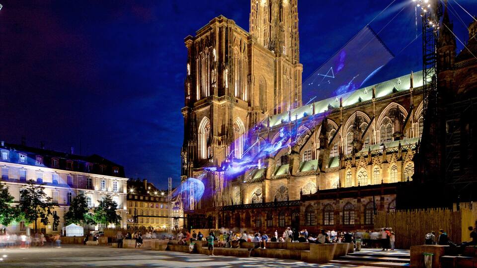Our Lady of Strasbourg Cathedral showing heritage architecture, night scenes and a church or cathedral
