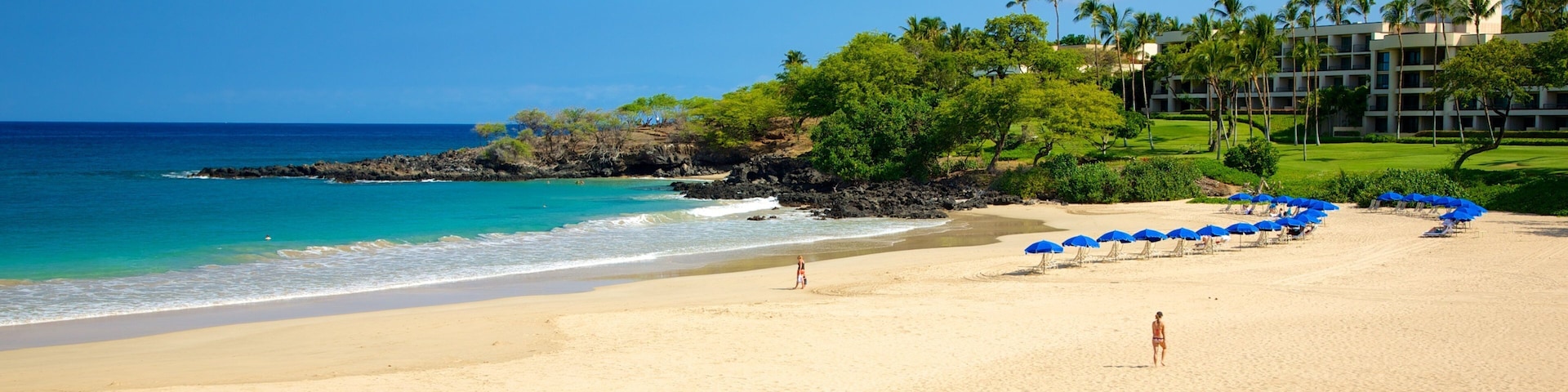 Hapuna Beach State Park caracterizando um hotel de luxo ou resort, paisagem e uma praia de areia